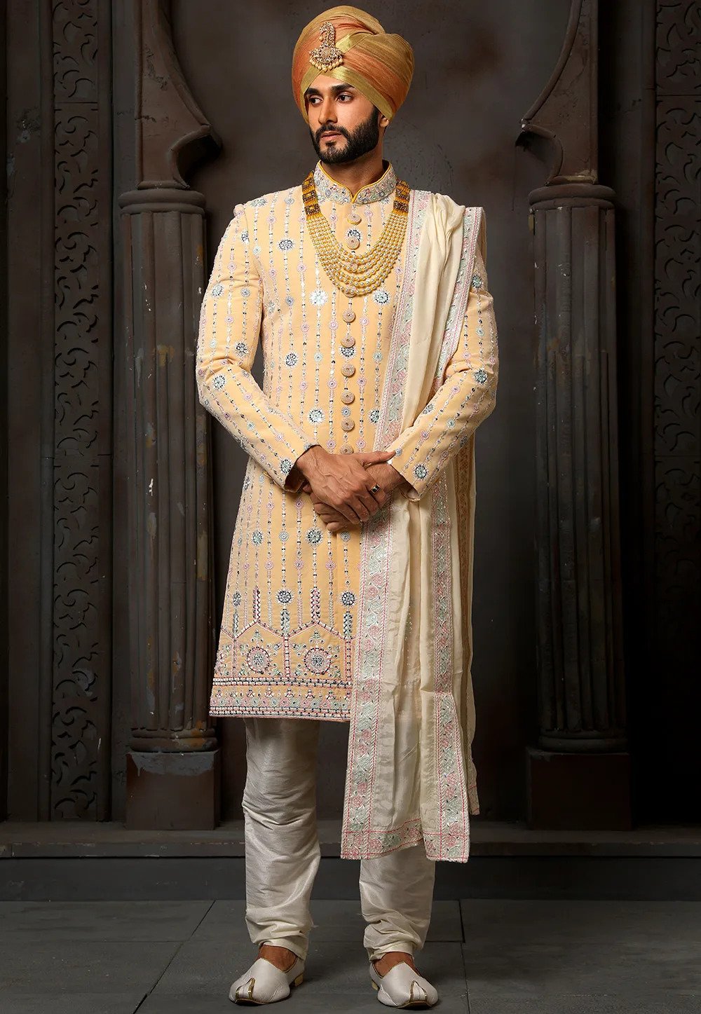 Handcrafted Georgette Royal Wedding Sherwani In Yellow Color.